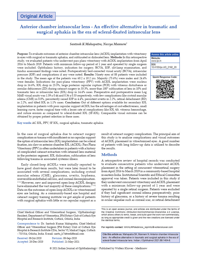Anterior Chamber Intraocular Lens An Effective.11 | PDF | Cataract | Senses