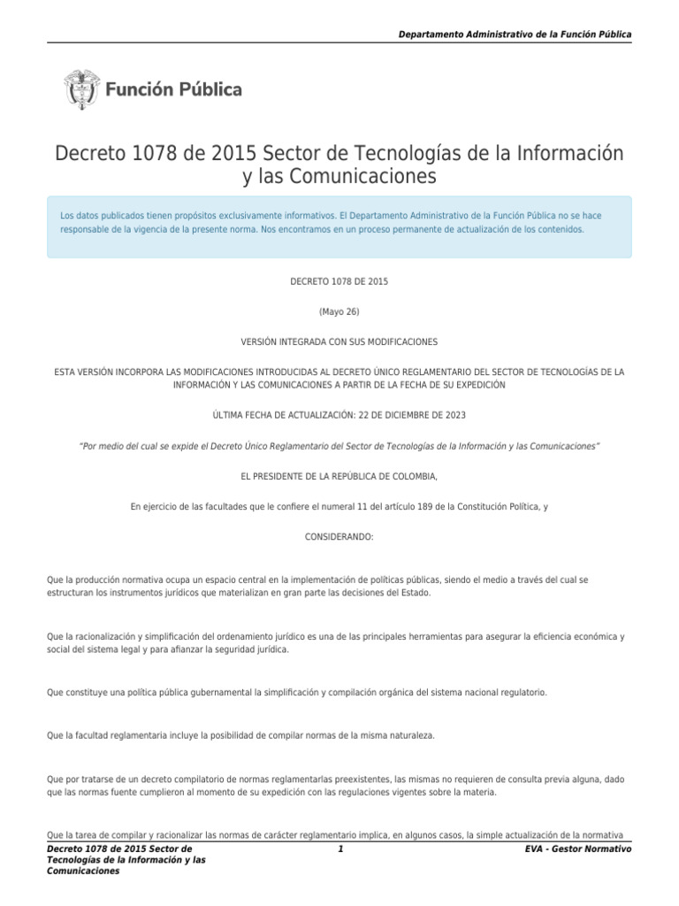 Decreto 1078 de 2015 Sector de Tecnologías de La Información y Las Comunicaciones | PDF ...