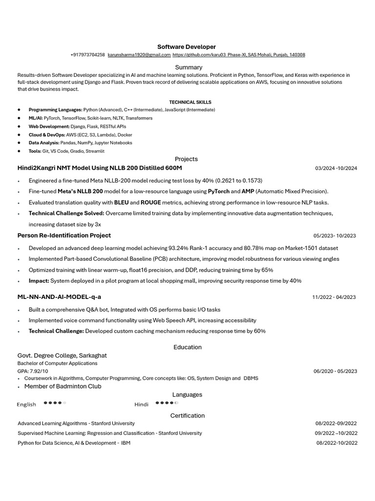 Resume Karun Sharma | PDF | Machine Learning | Artificial Intelligence