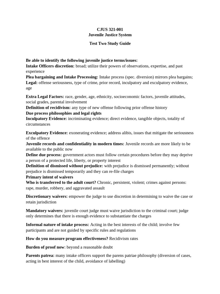 Juvenile Justice Test Two Study Guide | PDF | Juvenile Court | Crimes