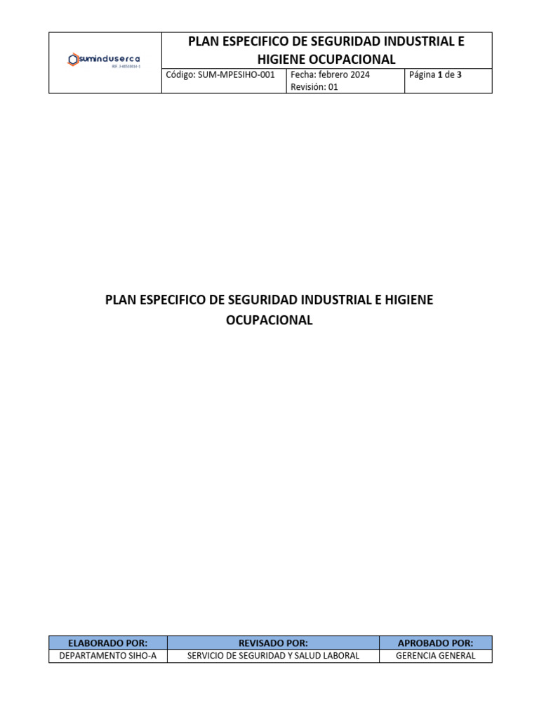 Plan Siho | PDF | Higiene Ocupacional | Seguridad y salud ocupacional