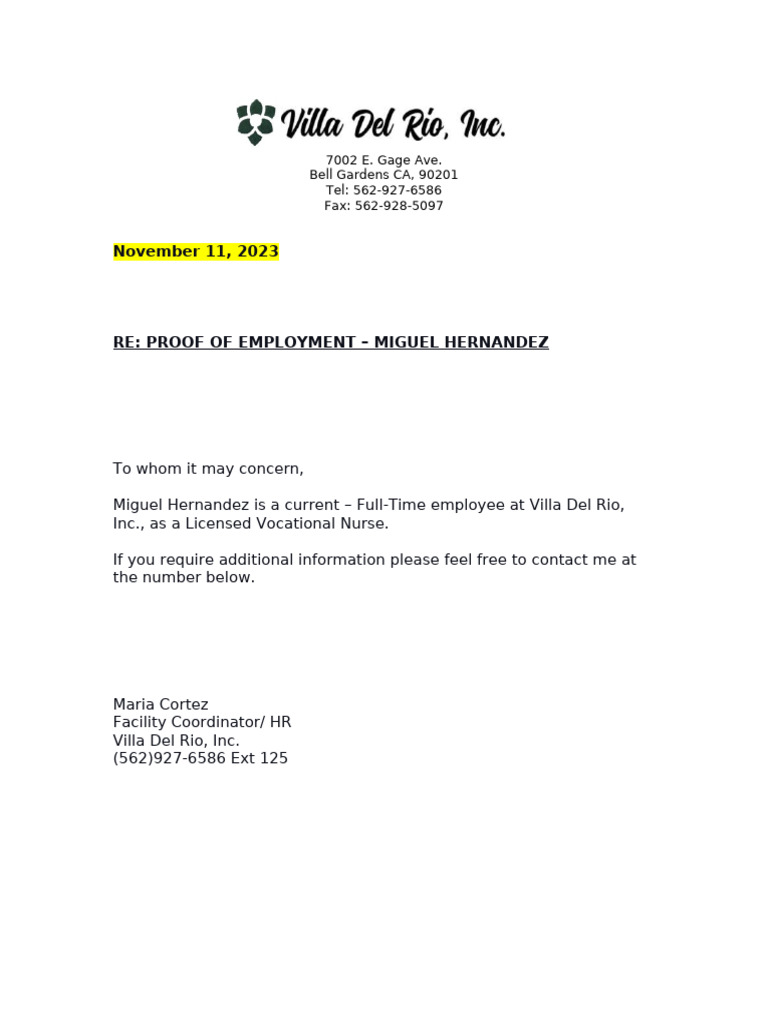 Letter - Proof of Employment | PDF