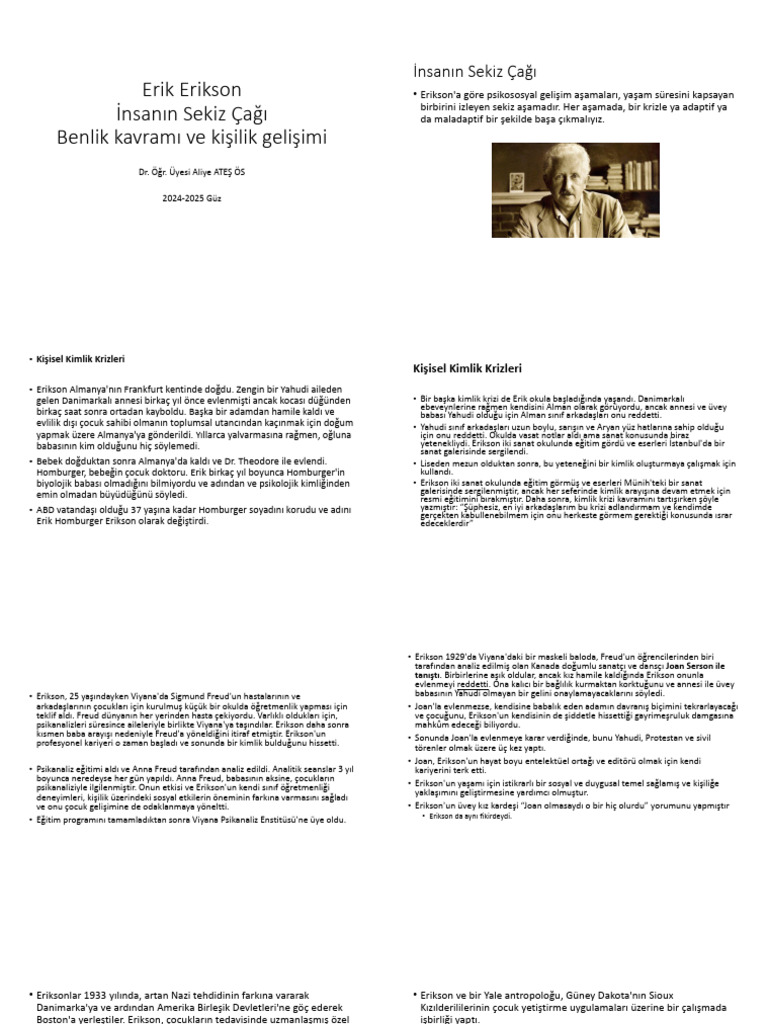 Erik Erikson İnsanın Sekiz Çağı Benlik Kavramı Ve Kişilik Gelişimi | PDF