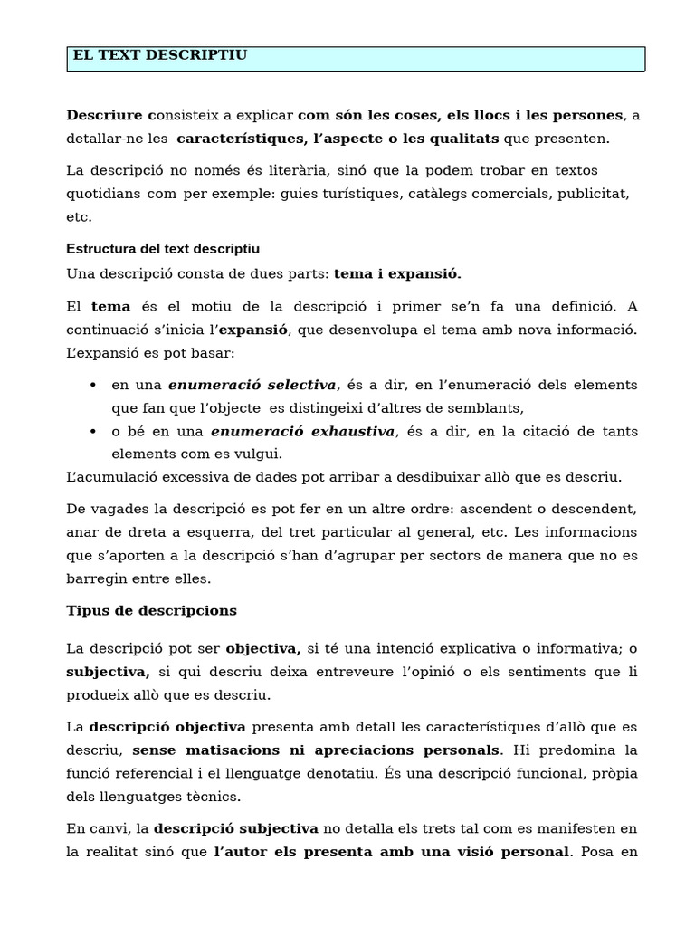 EL TEXT DESCRIPTIU. 2n Bat | PDF