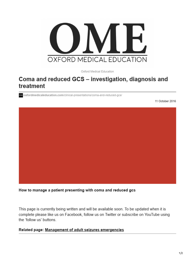 Coma and Reduced GCS Investigation Diagnosis and Treatment | PDF | Wellness