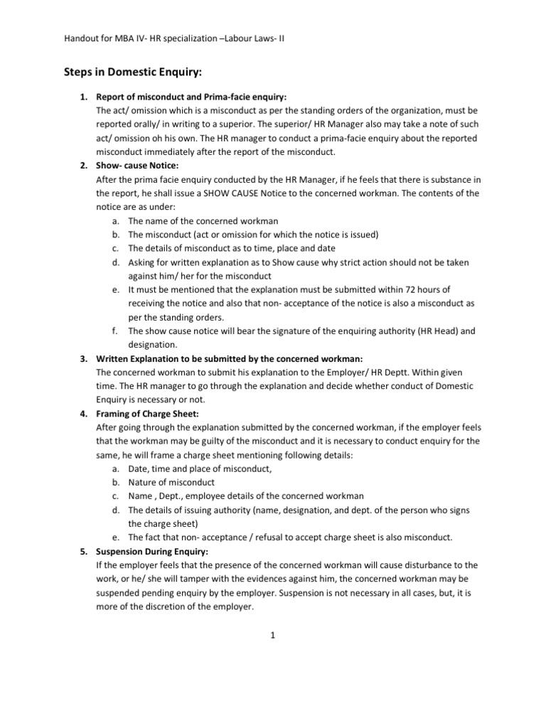 Procedure of Domestic Enquiry | Judge | Employment