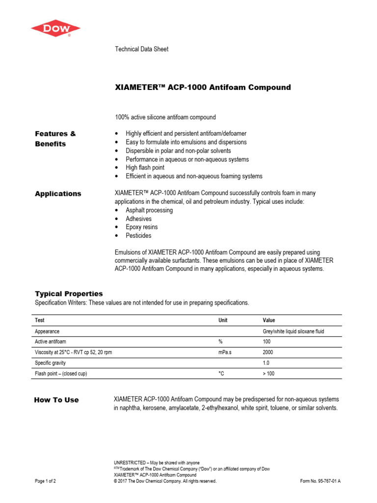 95 767 Xiameter Acp 1000 Antifoam Comp | PDF | Chemical Substances ...