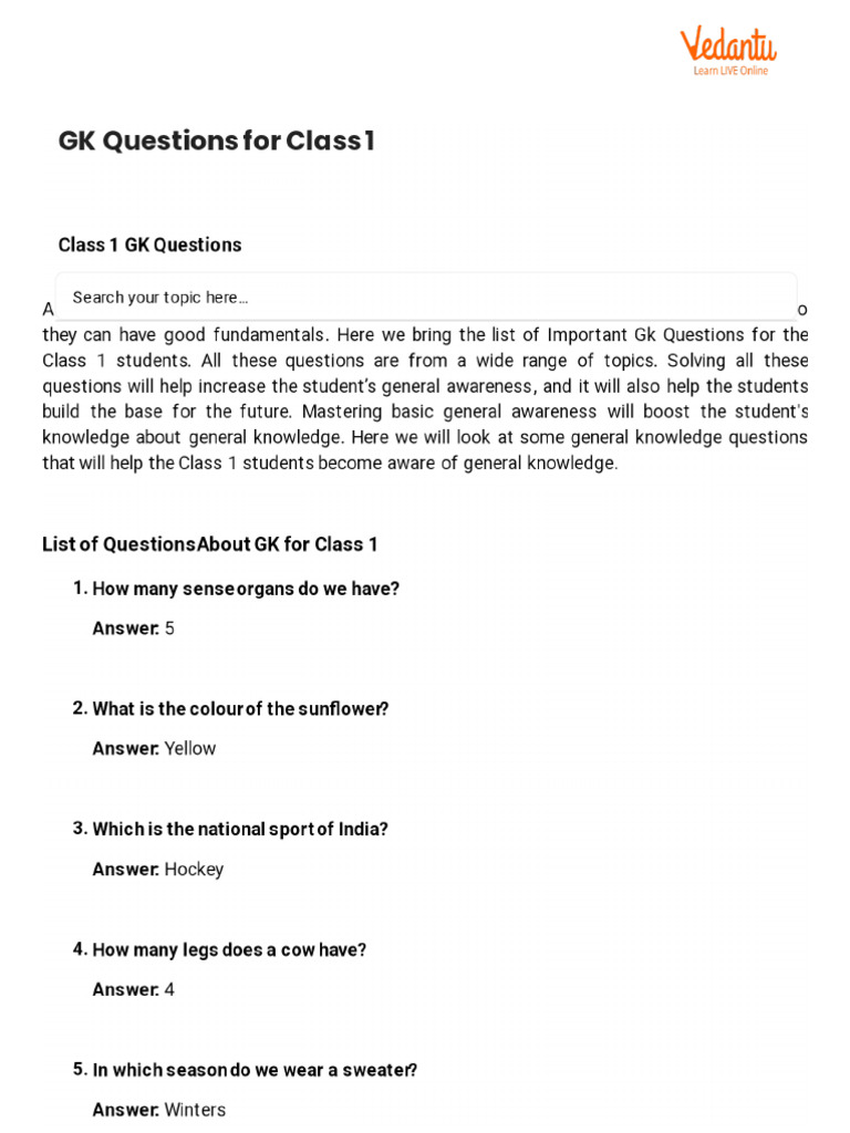 GK Questions For Class 1 | PDF