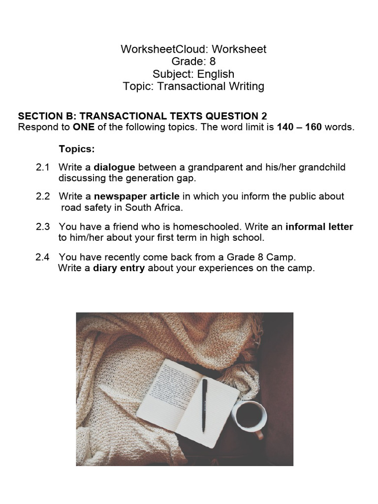 WorksheetCloud Grade 8 English Transactional Writing Ws1 | PDF ...