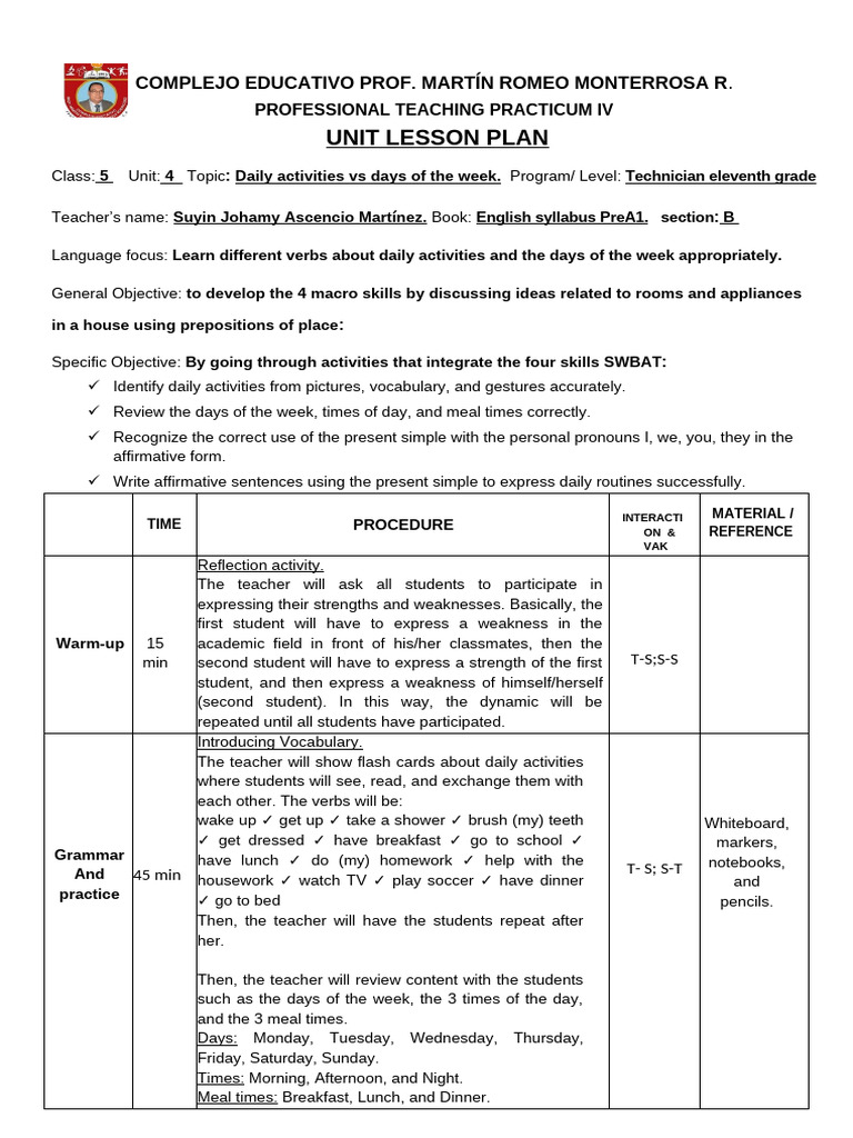 LESSON PLAN - CLASE 5 - Daily Routines Vs Days of The Week. UNIT 5 ...