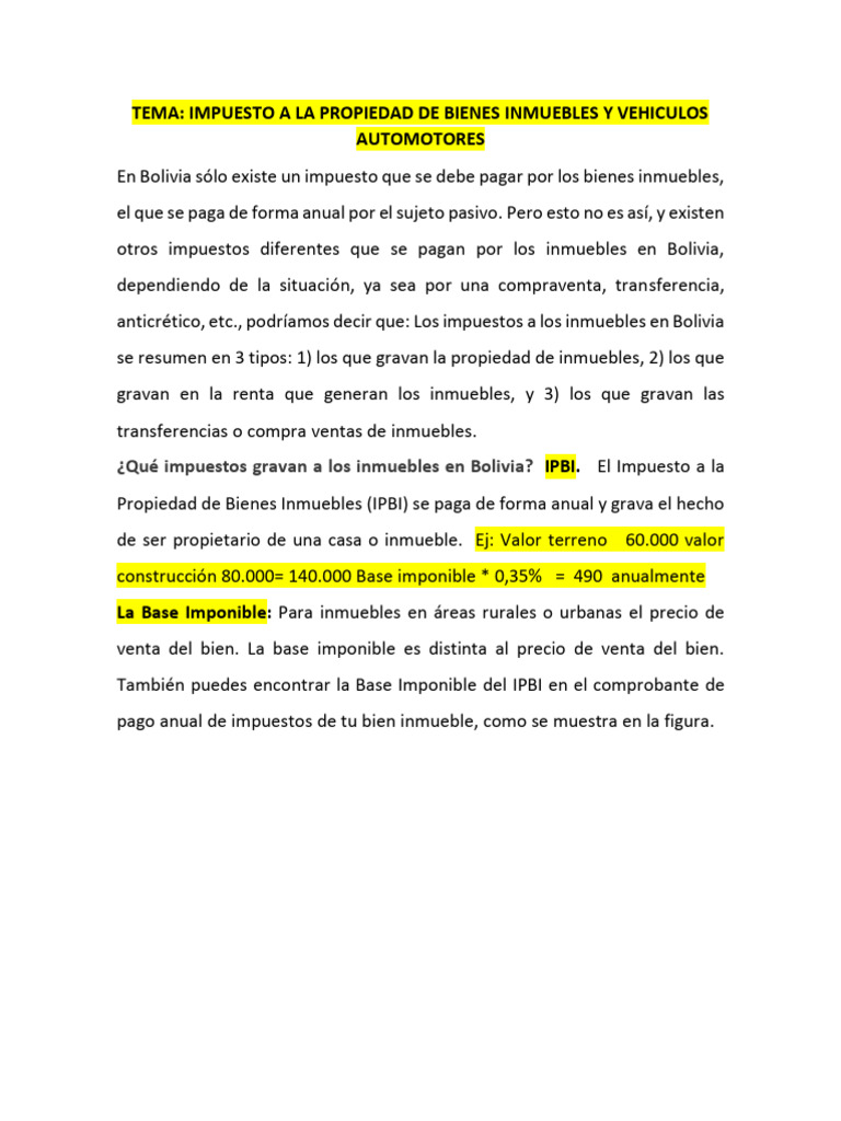 Inmuebles 2022 IMPUESTOS A LOS BIENES INMUEBLES EN BOLIVIA | PDF ...