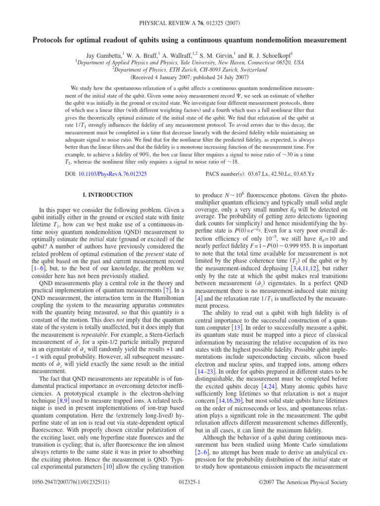 Gambetta Et Al. - 2007 - Protocols For Optimal Readout of Qubits Using ...