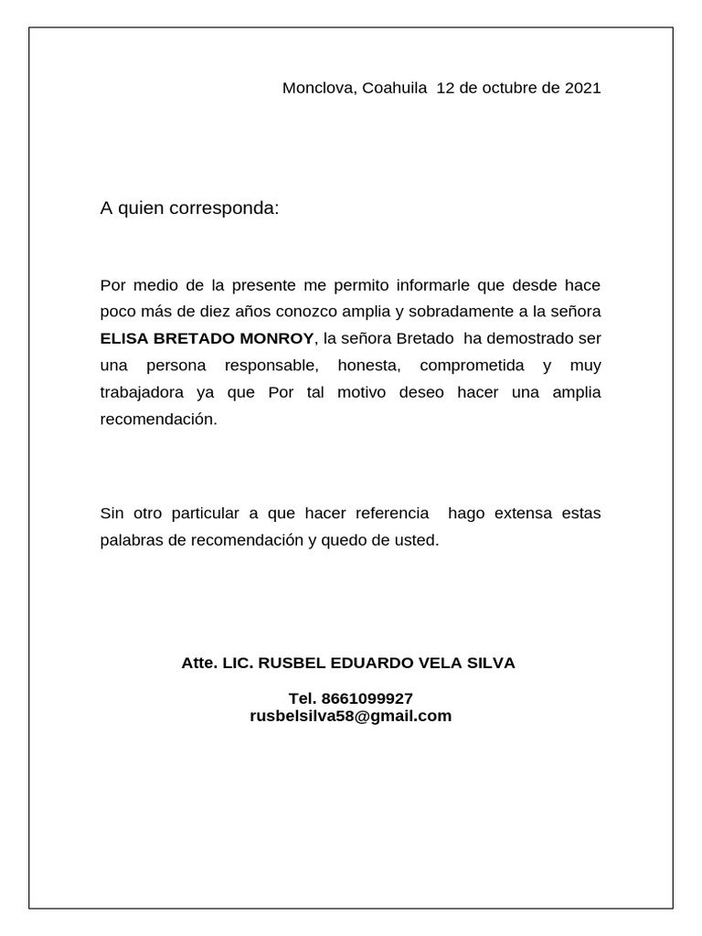 Carta de Recomendacion Prima Ely | PDF | Bienestar