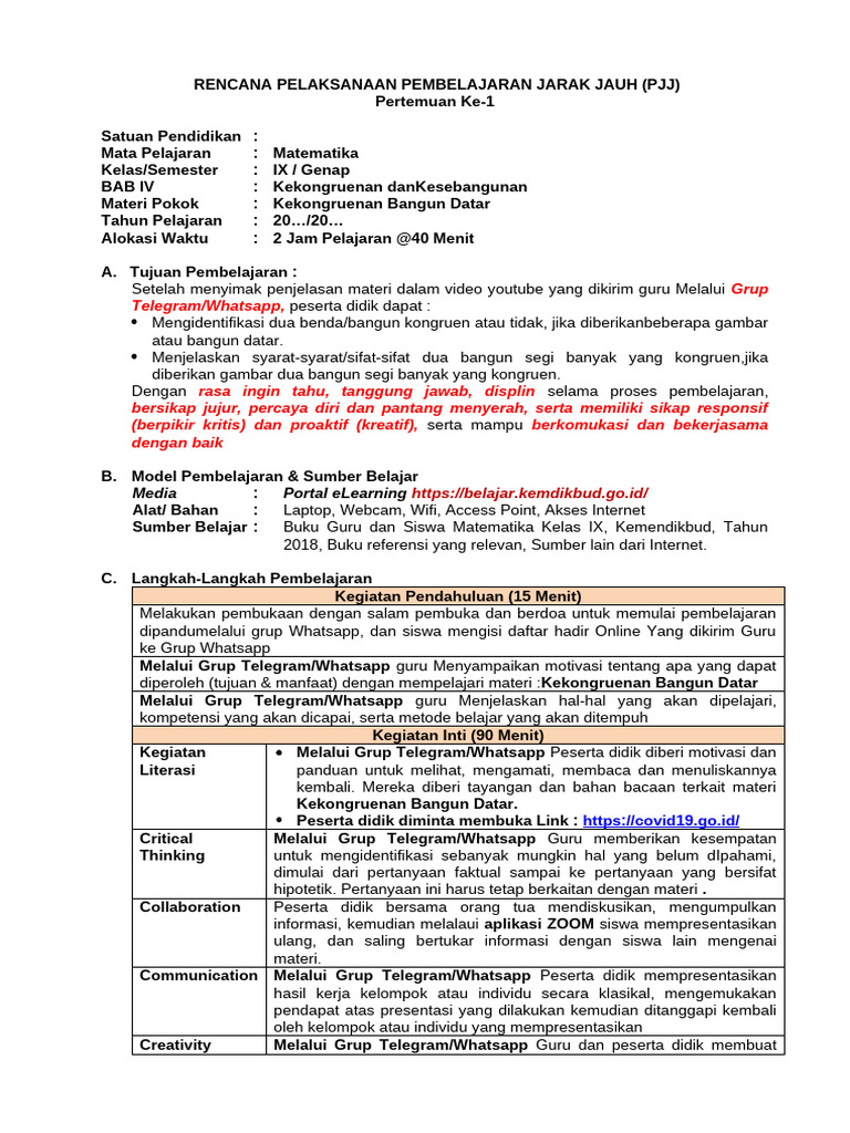 RPP Kekongruenan Dan Kesebangunan (Lembaran) | PDF