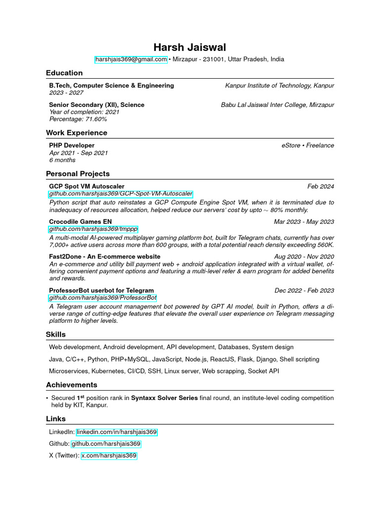 Harsh Jaiswal Resume | PDF | Computers