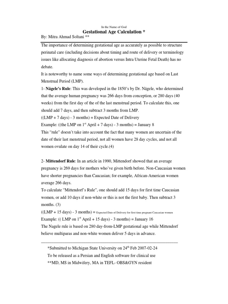 Gestational Age Calculation | PDF | Pregnancy | Human Pregnancy