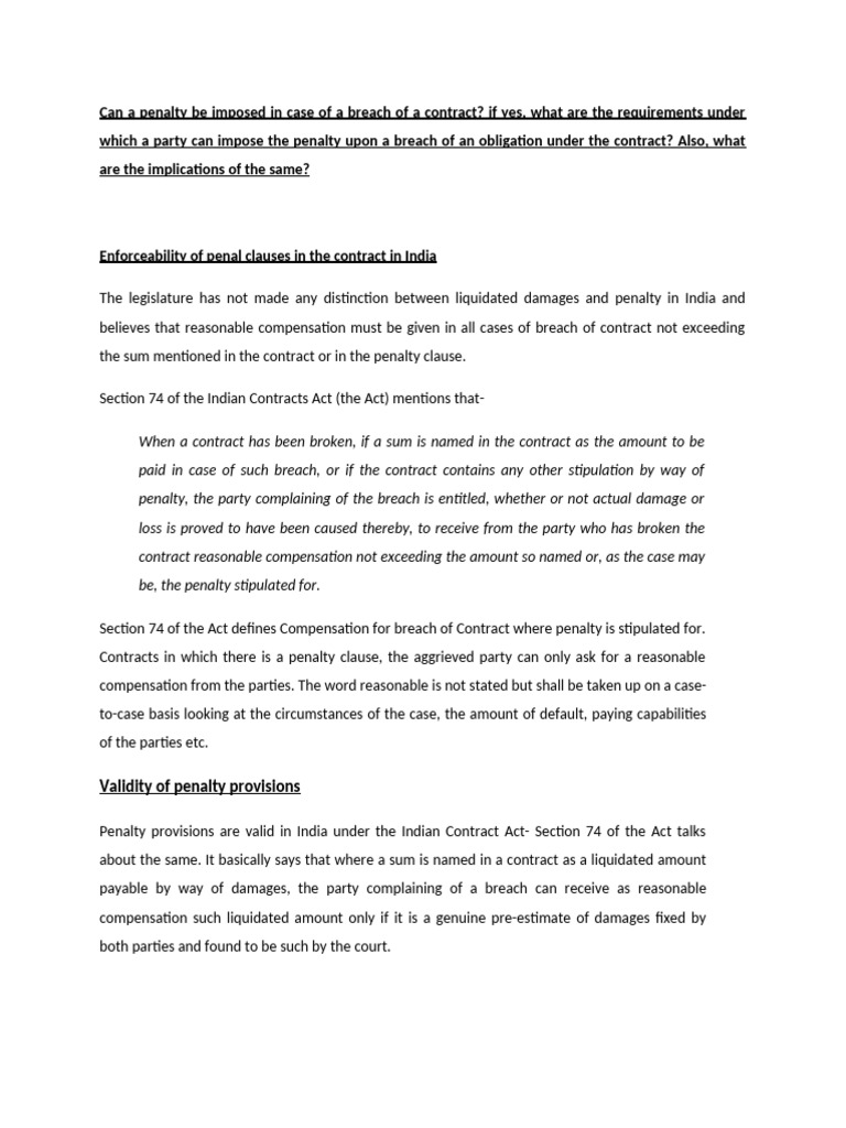 Imposition of Penalty in Case of Breach of Contract | PDF | Damages ...