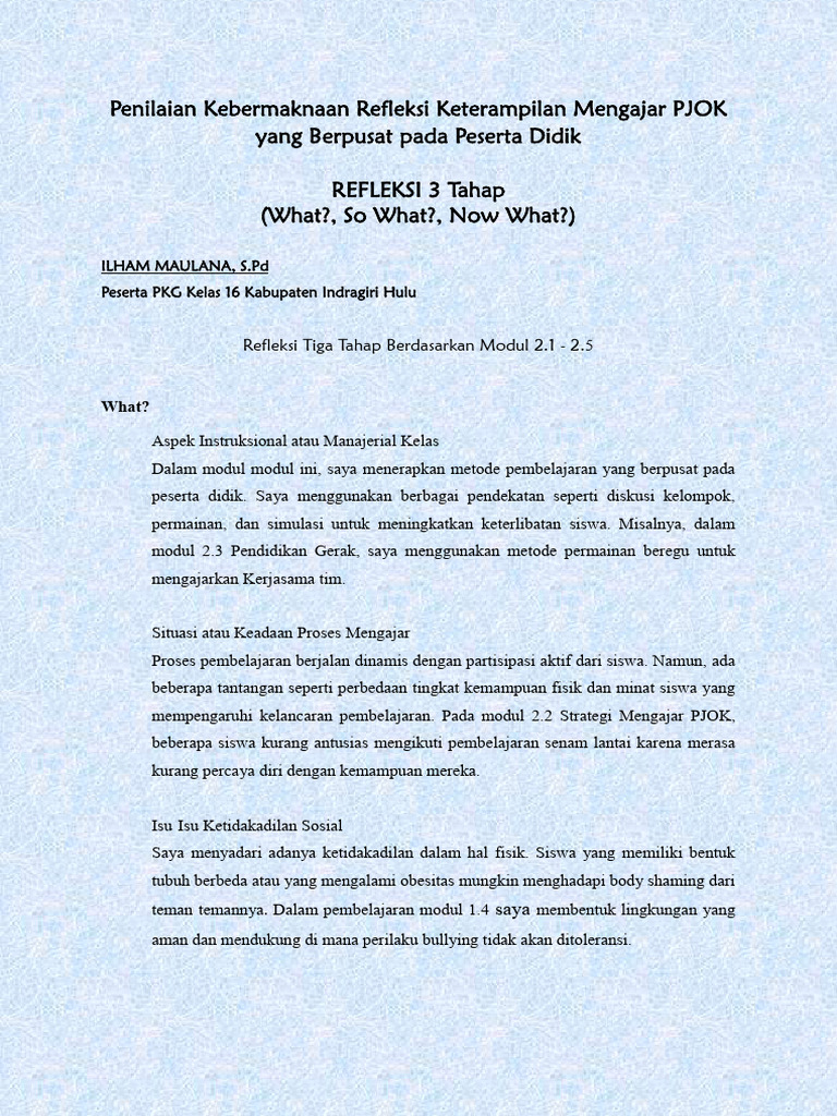 Tugas 3. Refleksi Penilaian Kebermaknaan Refleksi Keterampilan Mengajar PJOK Yang Berpusat Pada ...