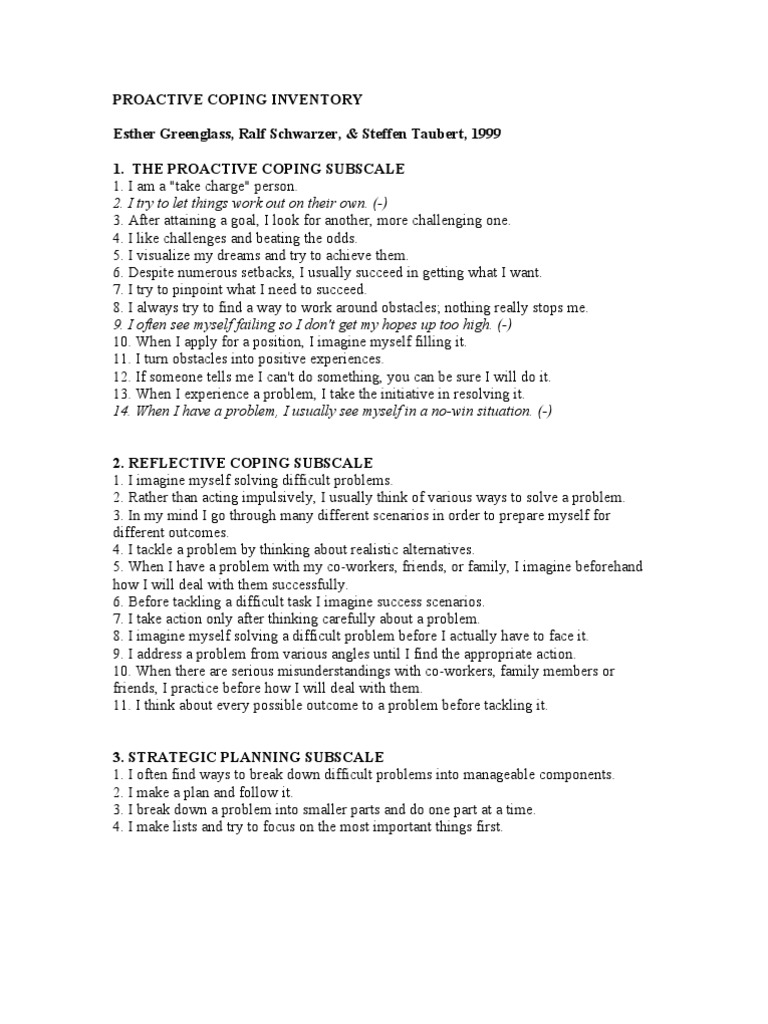 Proactive Coping Inventory Overview | PDF | Coping (Psychology ...
