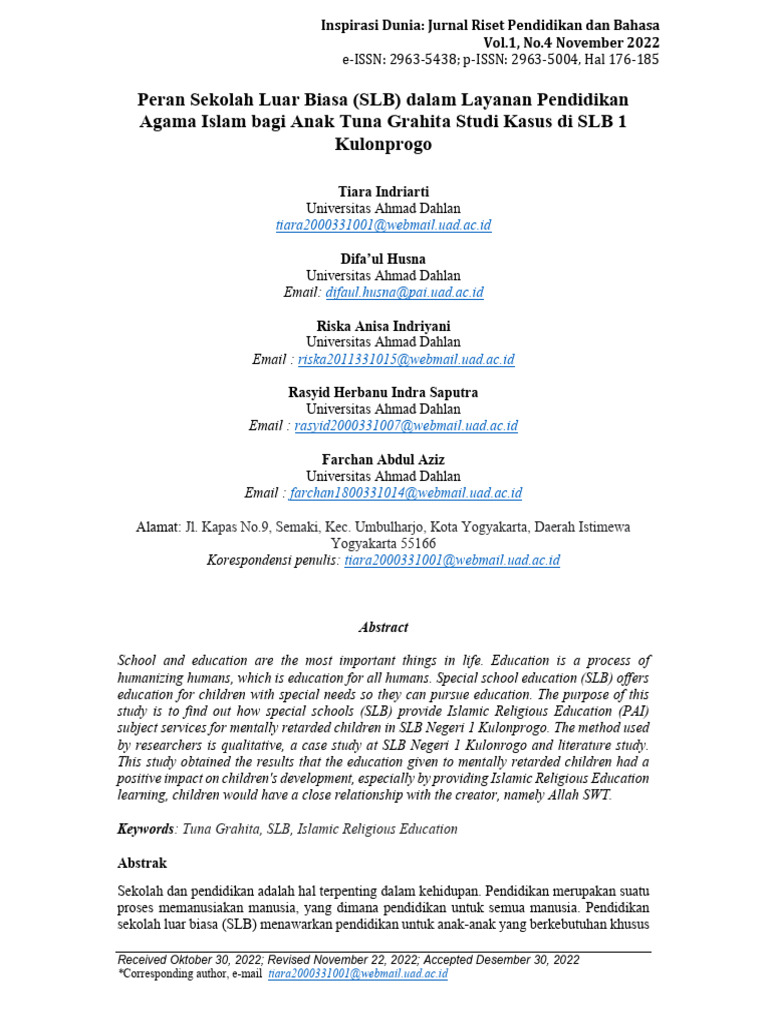 176-185 Peran Sekolah Luar Biasa (SLB) Dalam Layanan Pendidikan Agama Islam Bagi Anak Tuna ...