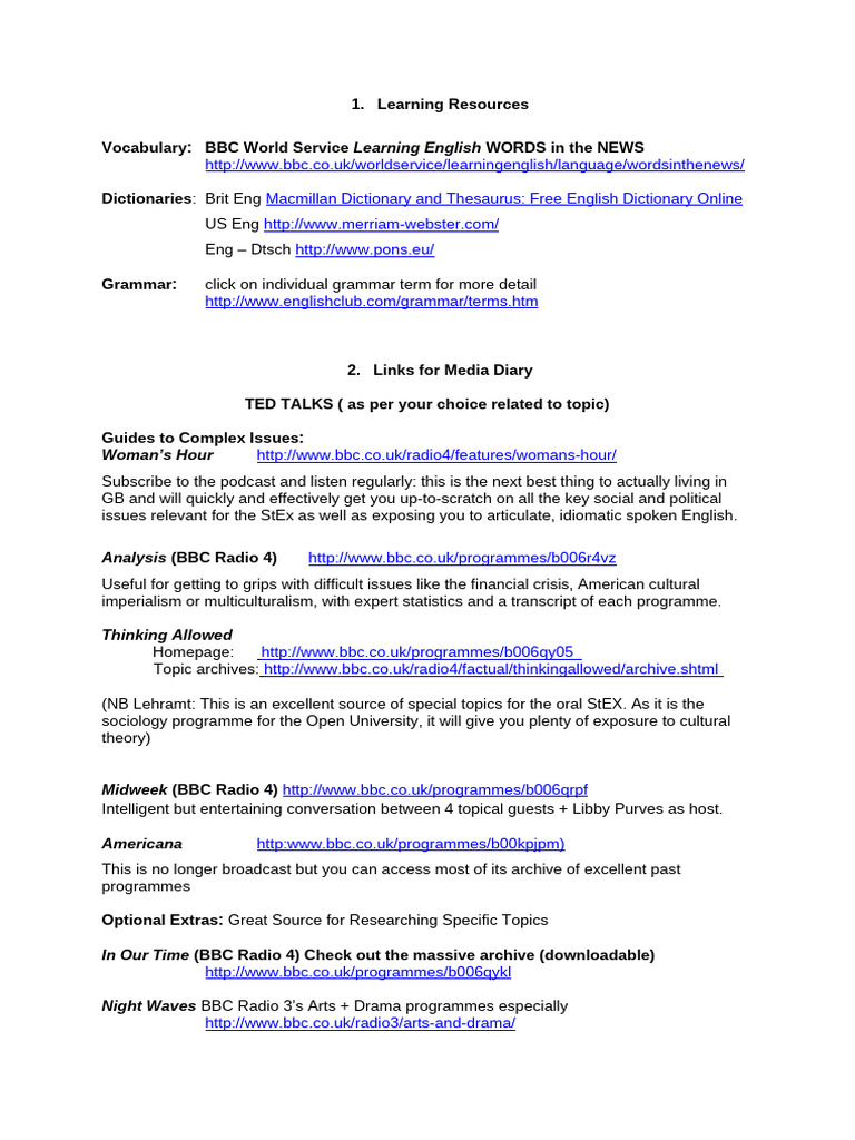 Learning Resources and Links For English Language | PDF | English Language