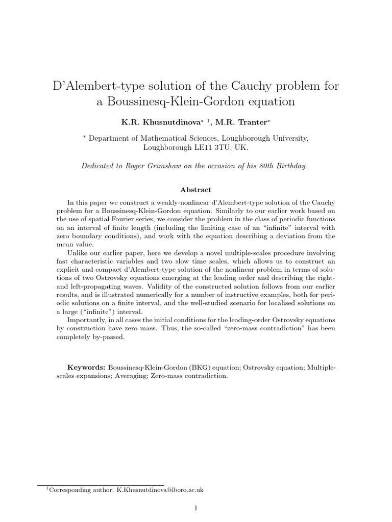 d'Alembert Solution for Boussinesq-KG Equation | PDF | Waves | Equations