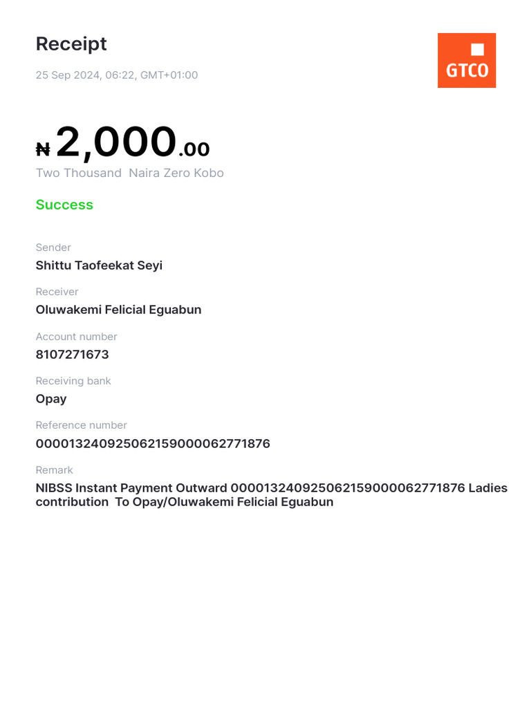 ₦2000 Transfer Receipt to Opay | PDF | Finance & Money Management