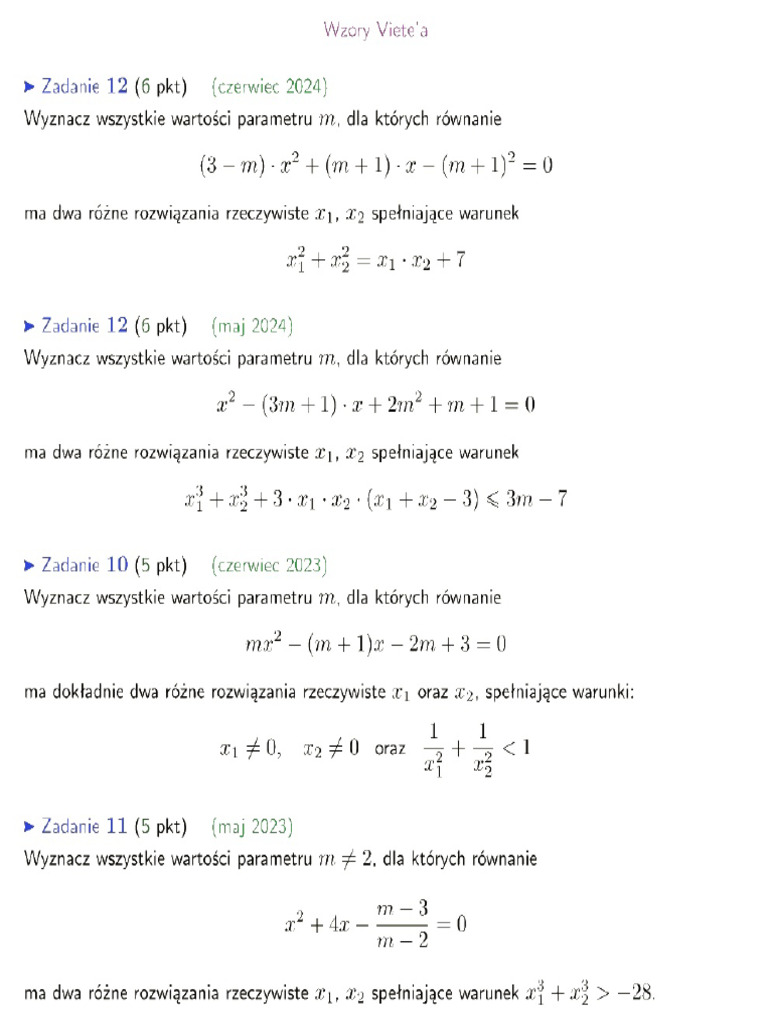 Wzory Viet'a - Zadania Maturalne 1 | PDF