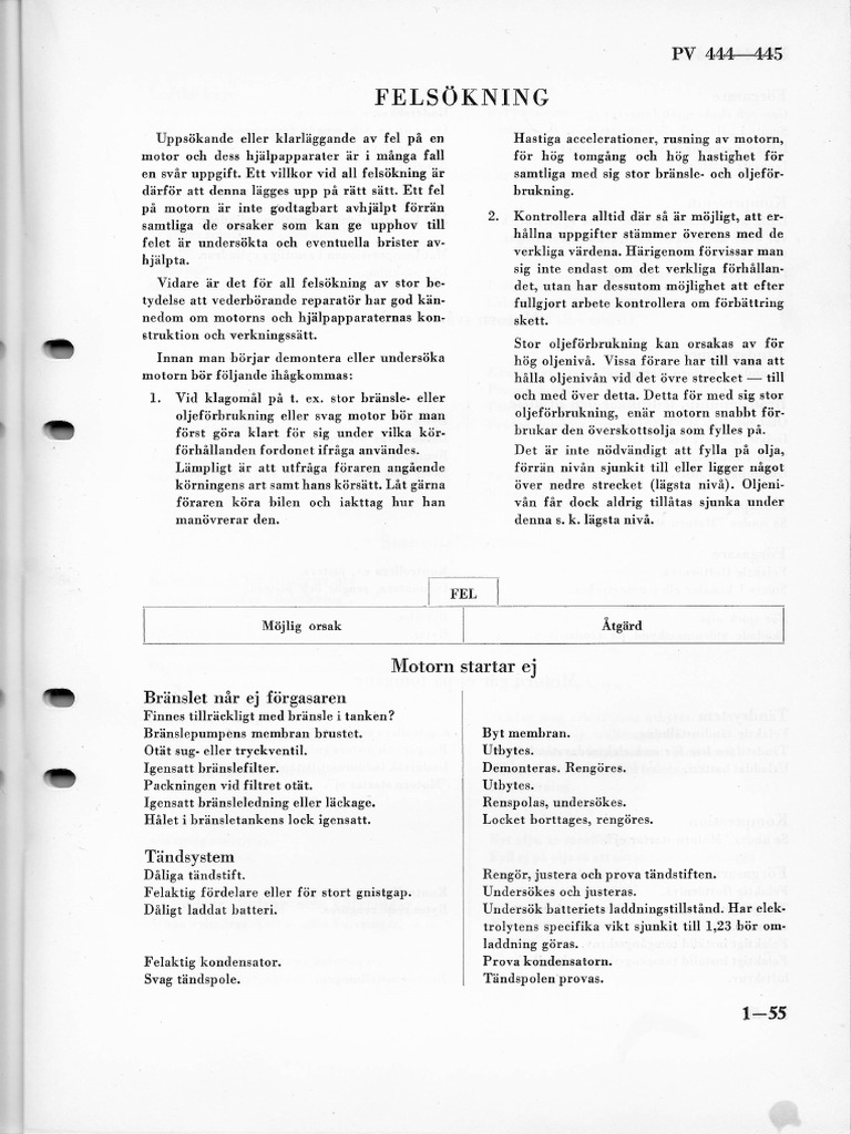 Verkstads Handbok PV444-445 Avd 1 MOTOR B 4 B Felsekning | PDF