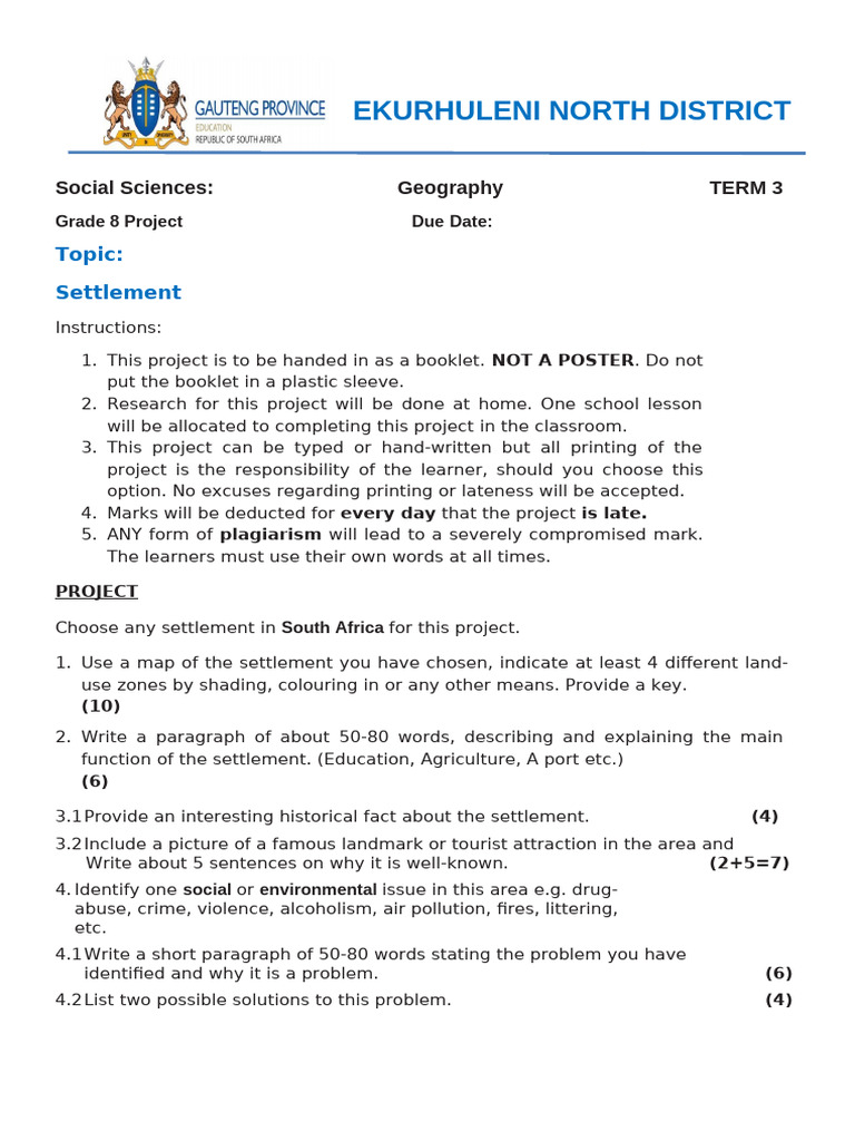 Grade 8 Geography Settlement Project | PDF