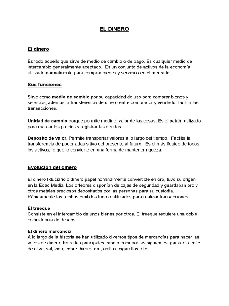 Resumen El Dinero | PDF | Dinero | Bancos