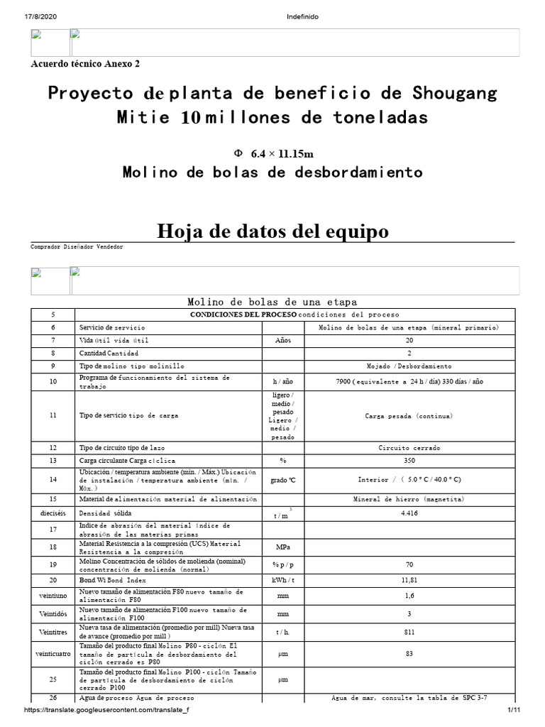 Datos Generales Molino | PDF | Engranaje | Rodamiento (Mecánico)