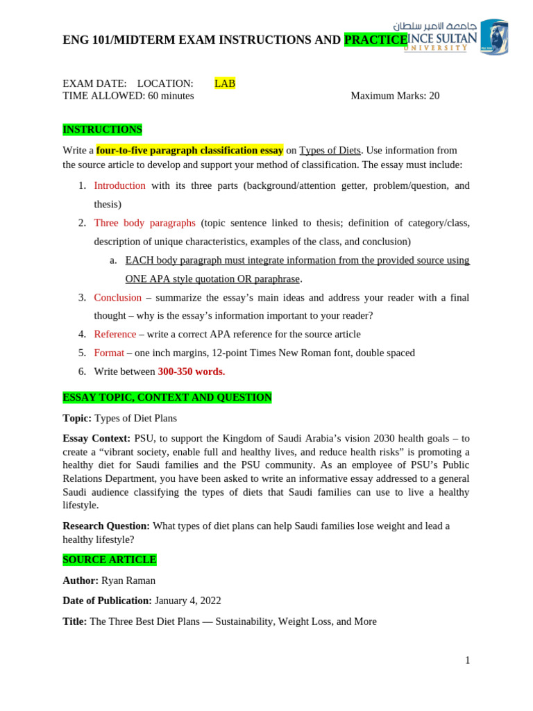 Practice - Eng 101 Midterm Exam Term 231 | PDF | Dieting | Low ...