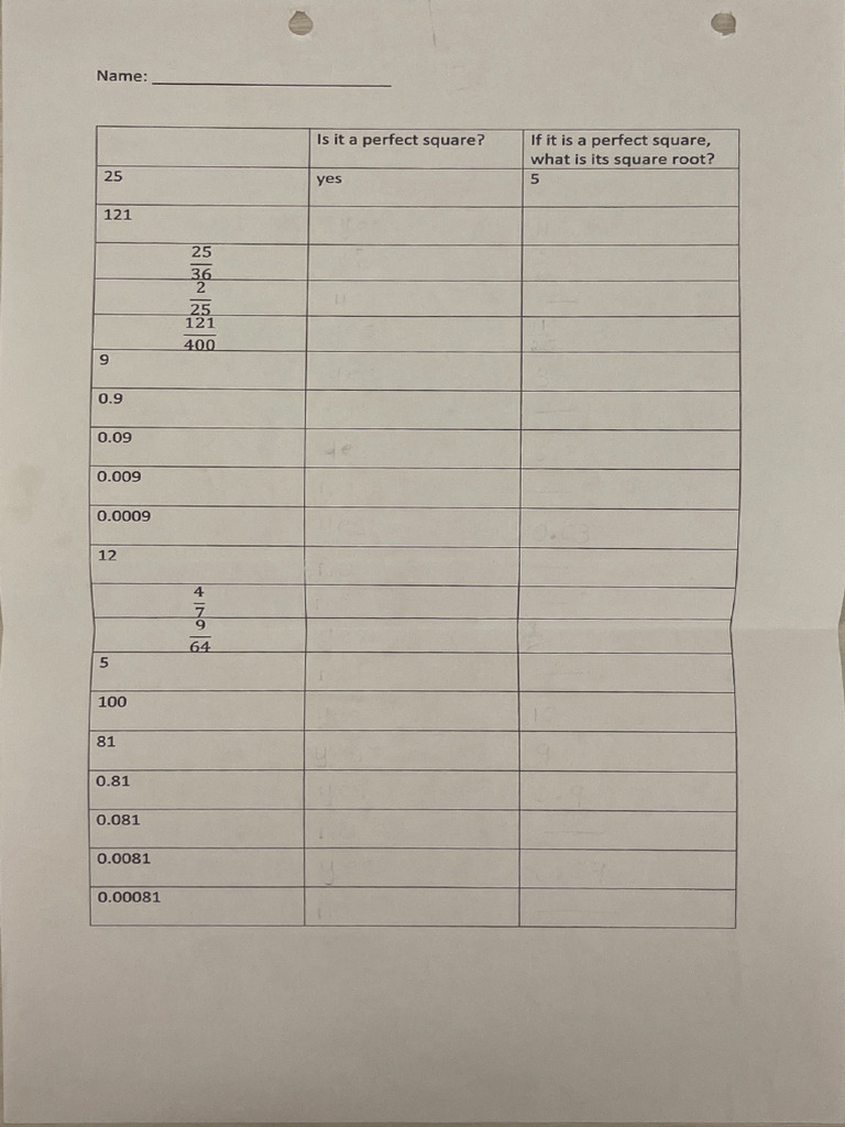 Perfect Squares Worksheet | PDF