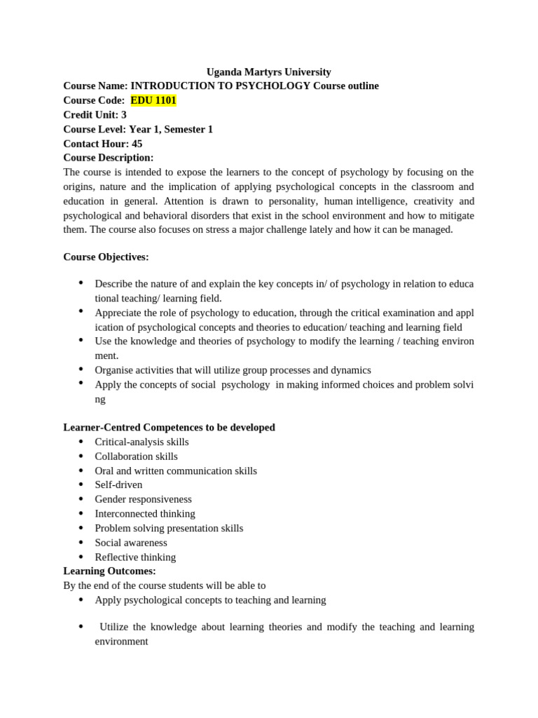 Introduction to Psychology Course Outline | PDF | Psychology | Learning