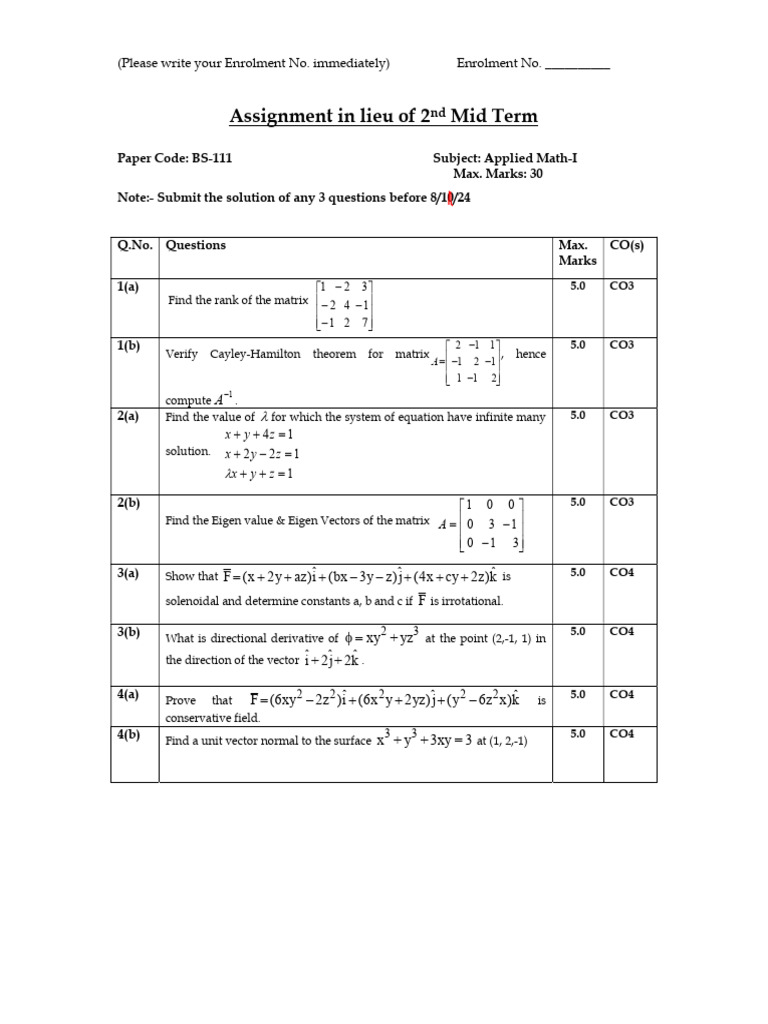 Assignment in Lieu of 2nd - Mid Term - BS111 - Nov 2024 | PDF | Multivariable Calculus ...