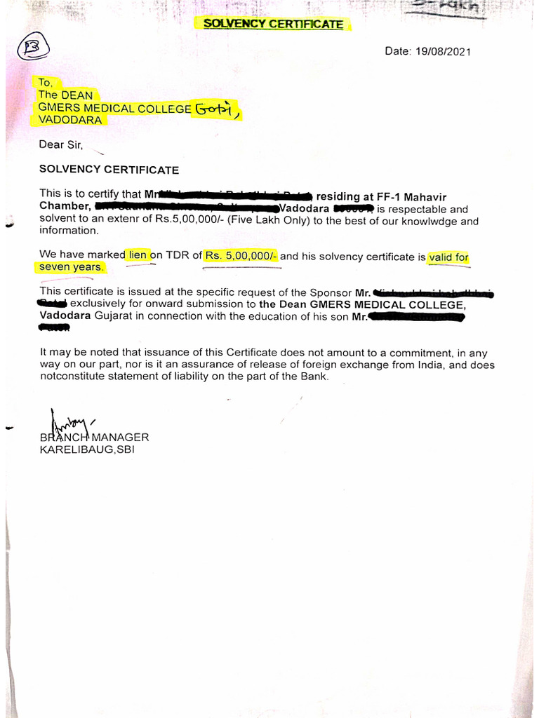 5 Lack Solvency Certificate Format | PDF