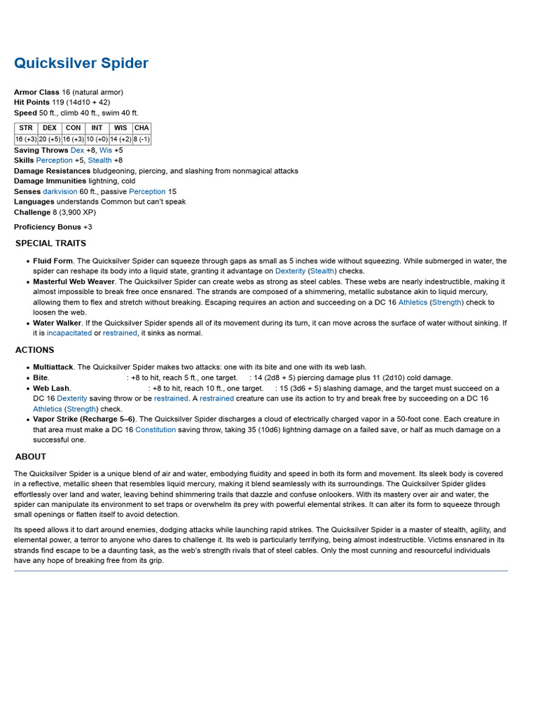 Quicksilver Spider: Agile Monstrosity Guide | PDF