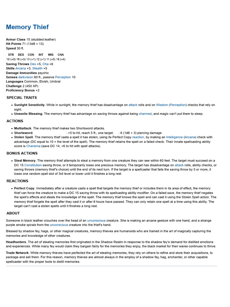 Memory Thief: D&D Creature Guide | PDF
