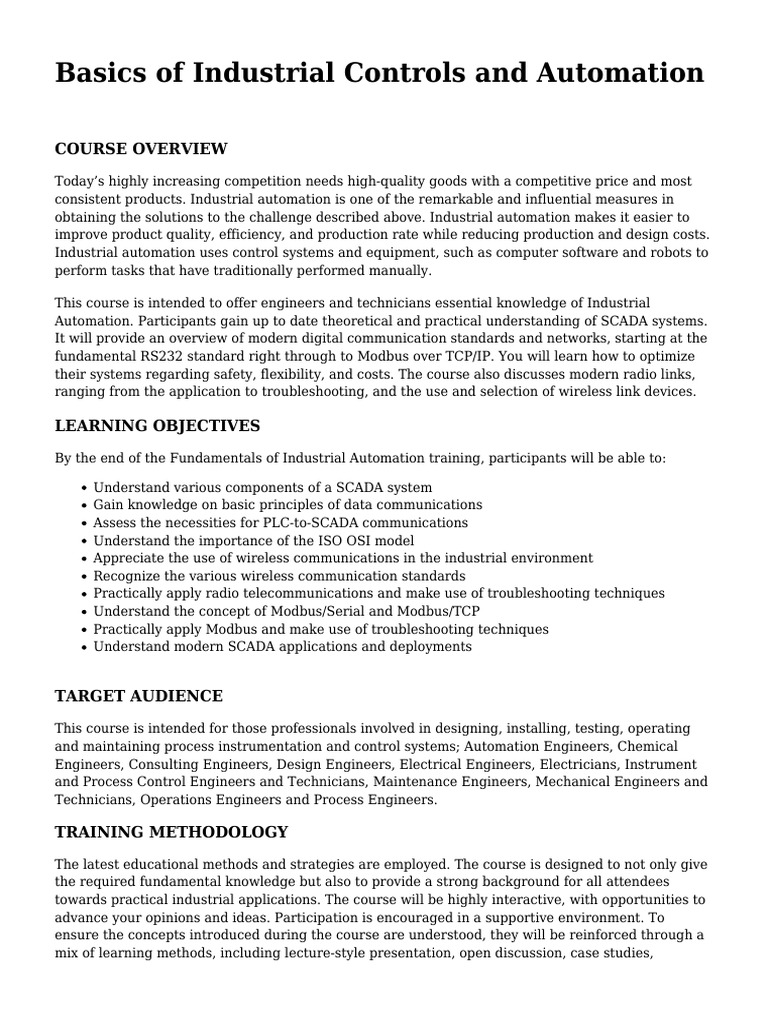 Basics of Industrial Controls and Automation - Course Outline | PDF | Scada | Automation