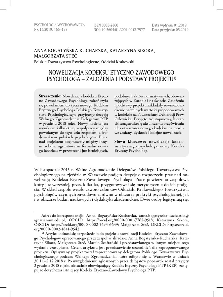Sikora K., Steć M - Nowelizacja Kodeksu Etyczno-Zawodowego Psychologa... | PDF