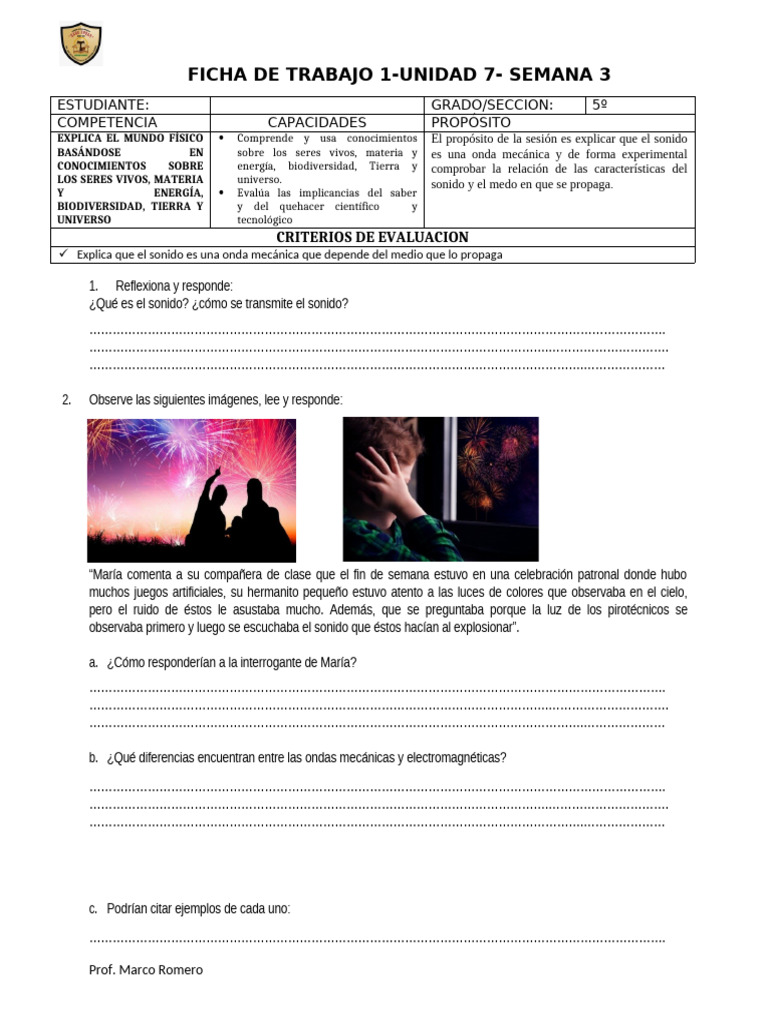 5°cyt - Ficha - Und 7 - Sem 3 - Lu 04nov24 | PDF | Sonido | Fenomeno fisico