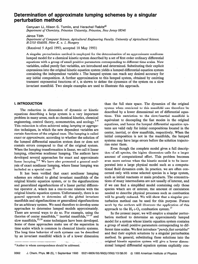 Determination of Approximate Lumping Schemes by A Singular Perturbation ... Determination of Approximate Lumping Schemes by A Singular Perturbation ...