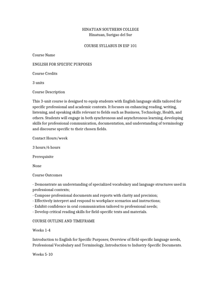 English Specific Purposes Syllabus | PDF | Educational Assessment | Cognition