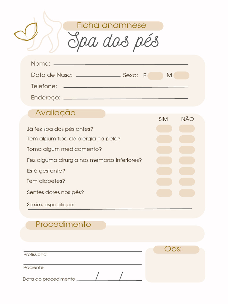 Ficha Anamnese Spa Dos Pés Bege Branco A4 - 20241105 - 214741 - 0000 | PDF