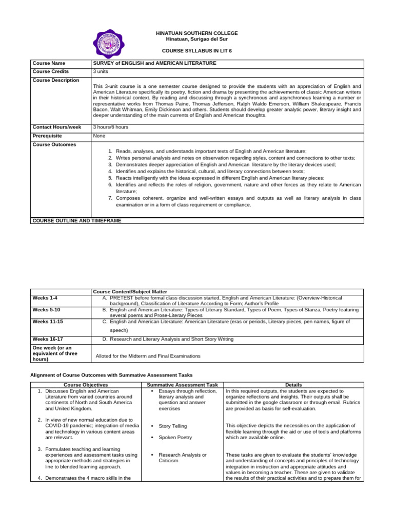 Survey of English and American Lit Syllabus | PDF | Educational Assessment