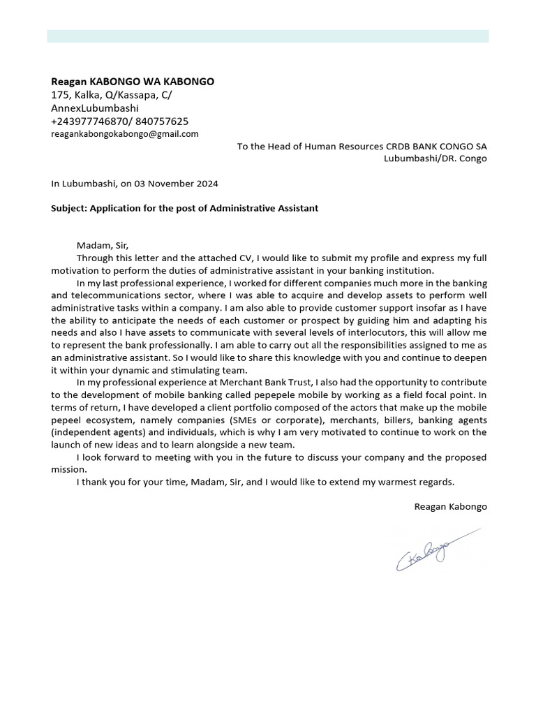 Lettre de Motivation CRDB - Anglais. | PDF | Finance & Money Management