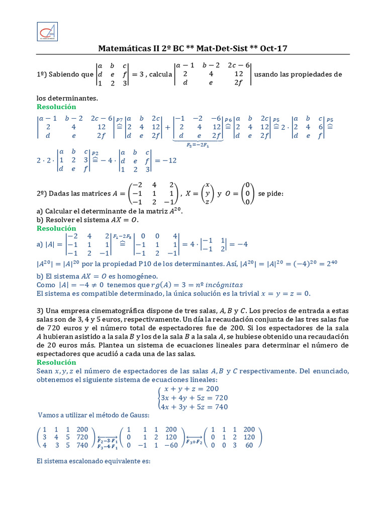 RESOLUCIONMatDetSis O17-2 | PDF | Matriz (Matemáticas) | Sistema de ecuaciones lineales