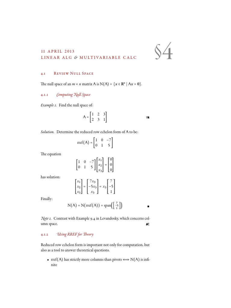 11APRIL2013 Linearalg Multivariablecalc: Computing Null Space | PDF | Numerical Analysis | Algebra