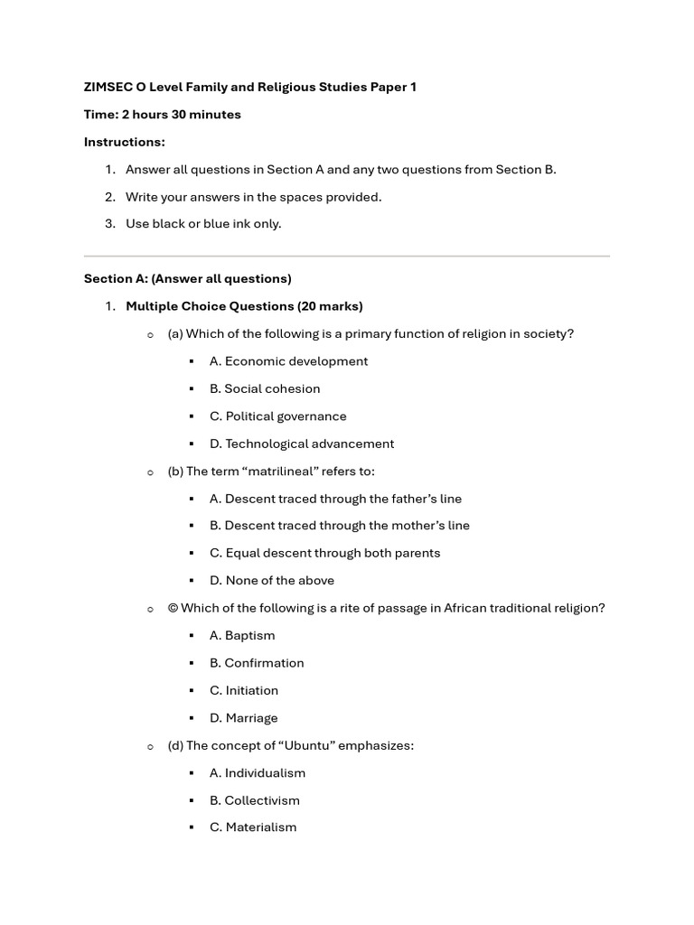 ZIMSEC O Level Family & Religious Studies | PDF